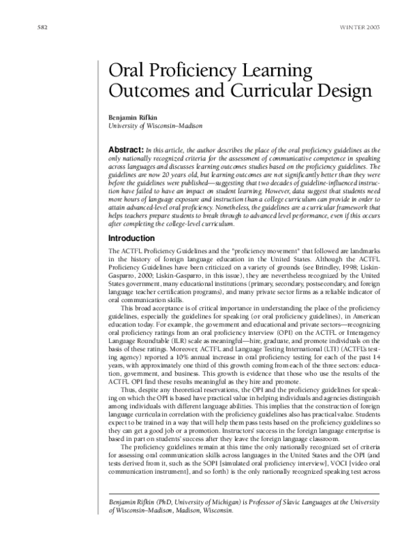 (PDF) Oral Proficiency Learning Outcomes and Curricular Design