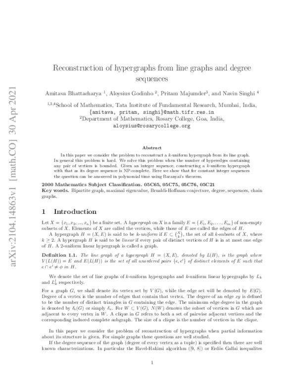 (PDF) Reconstruction of hypergraphs from line graphs and degree sequences