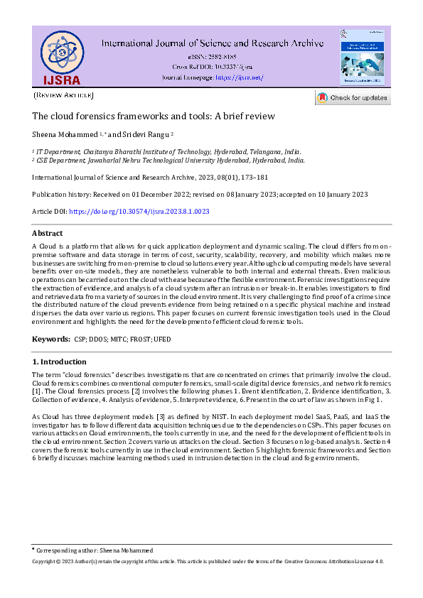 (PDF) The cloud forensics frameworks and tools: A brief review