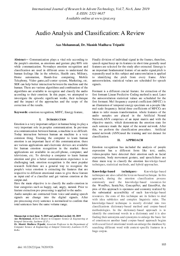 (PDF) Audio Analysis and Classification: A Review