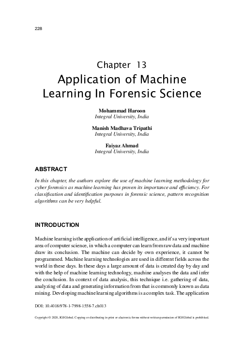(PDF) Application of Machine Learning In Forensic Science