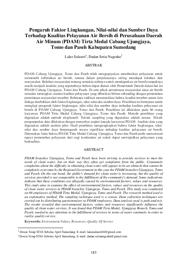 (PDF) Pengaruh Faktor Lingkungan, Nilai-nilai dan Sumber Daya terhadap Kualitas Pelayanan Air ...