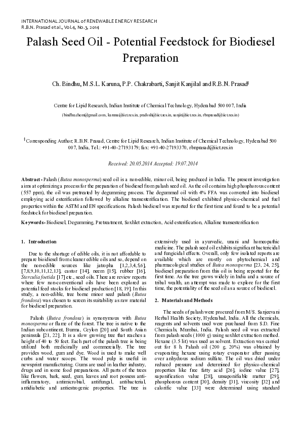 (PDF) Palash Seed Oil-Potential Feedstock for Biodiesel Preparation