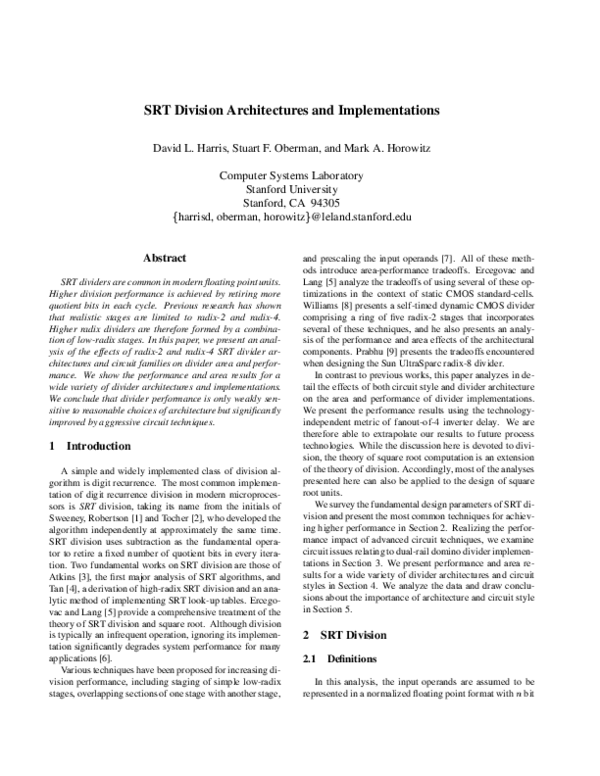 (PDF) SRT division architectures and implementations