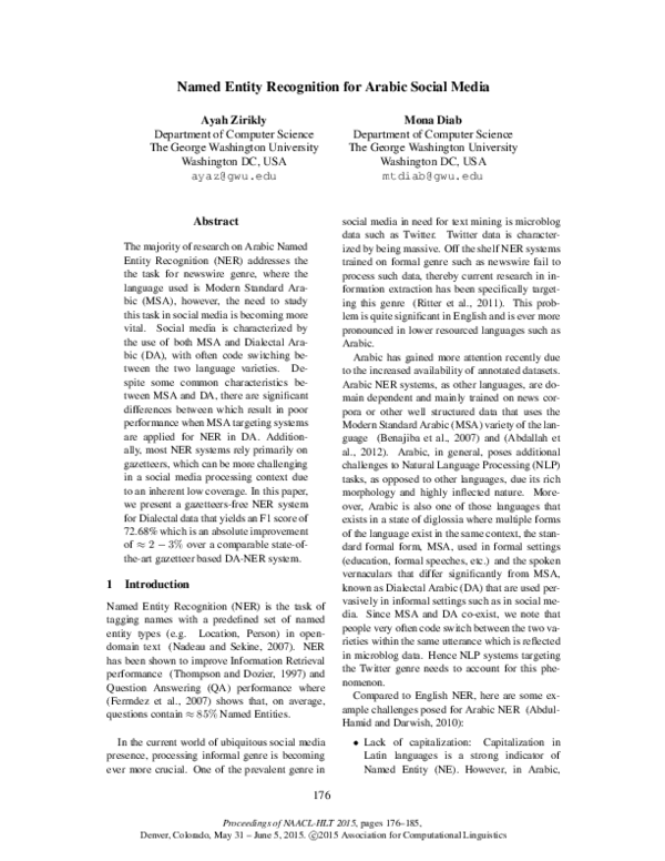 (PDF) Named Entity Recognition for Arabic Social Media