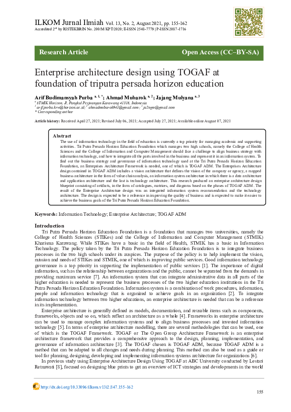 (PDF) Enterprise architecture design using TOGAF at foundation of triputra persada horizon education