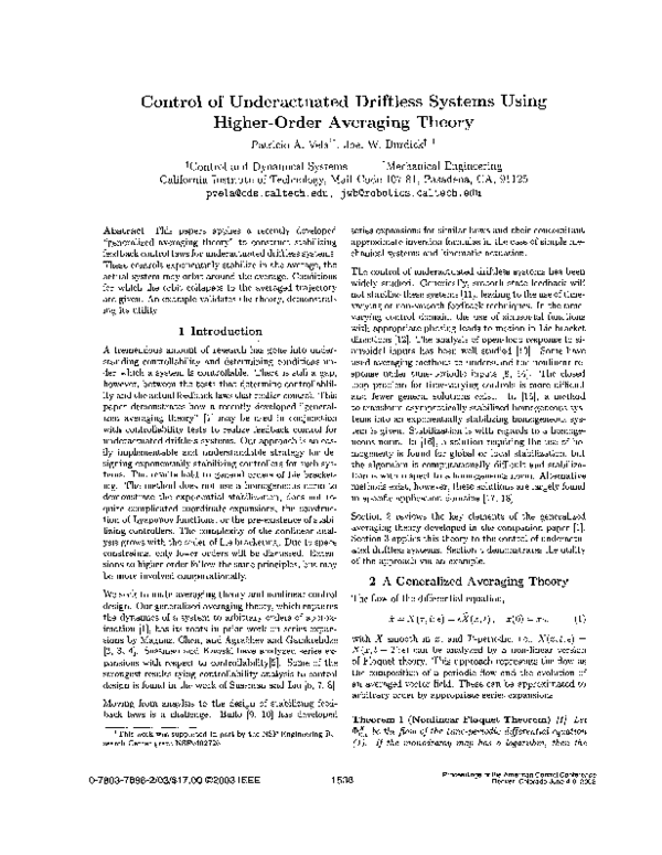 (PDF) Control of underactuated driftless systems using higher-order averaging theory