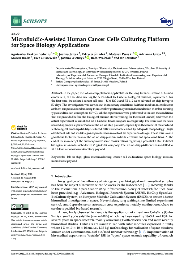Pdf Microfluidic Assisted Human Cancer Cells Culturing Platform For Space Biology Applications