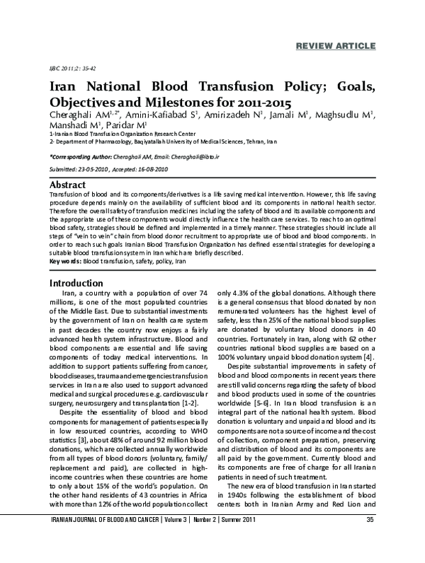 (PDF) Iran National Blood Transfusion Policy; Goals, Objectives and ...