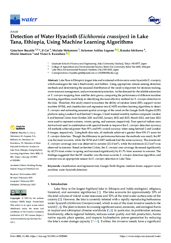 (PDF) Detection of Water Hyacinth (Eichhornia crassipes) in Lake Tana, Ethiopia, Using Machine ...