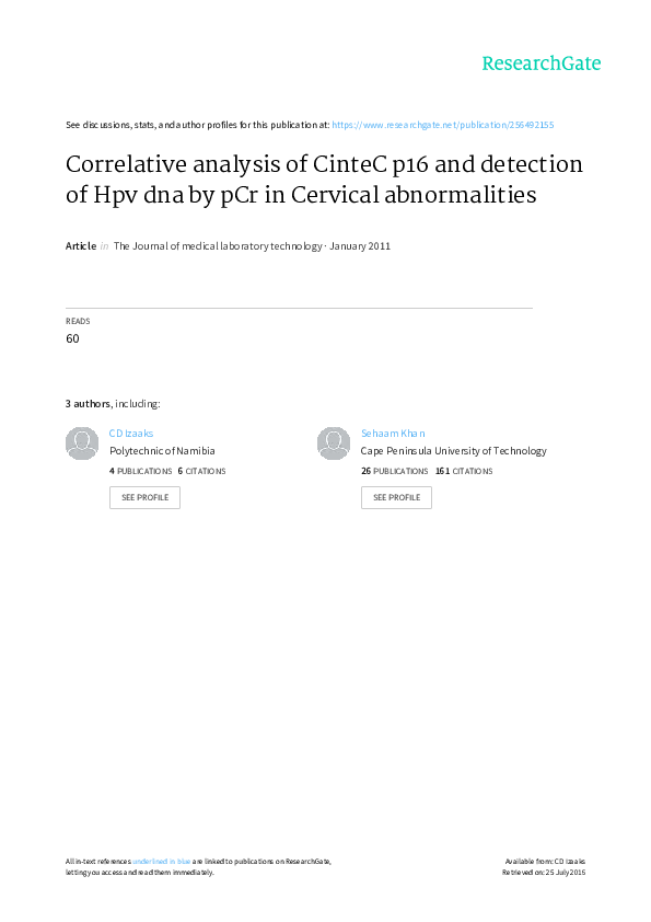 (PDF) Correlative analysis of CINtec P16 and detection of HPV DNA by ...