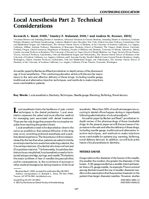 (PDF) Local Anesthesia Part 2: Technical Considerations