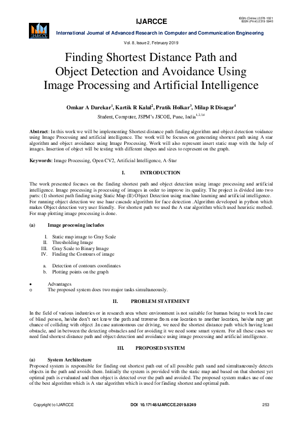 Pdf Finding Shortest Distance Path And Object Detection And Avoidance Using Image Processing