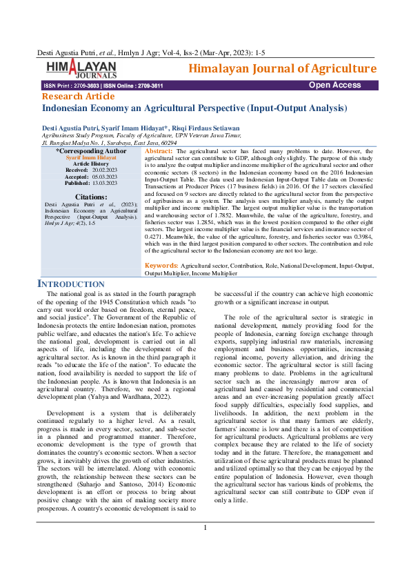 Pdf Indonesian Economy An Agricultural Perspective Input Output Analysis