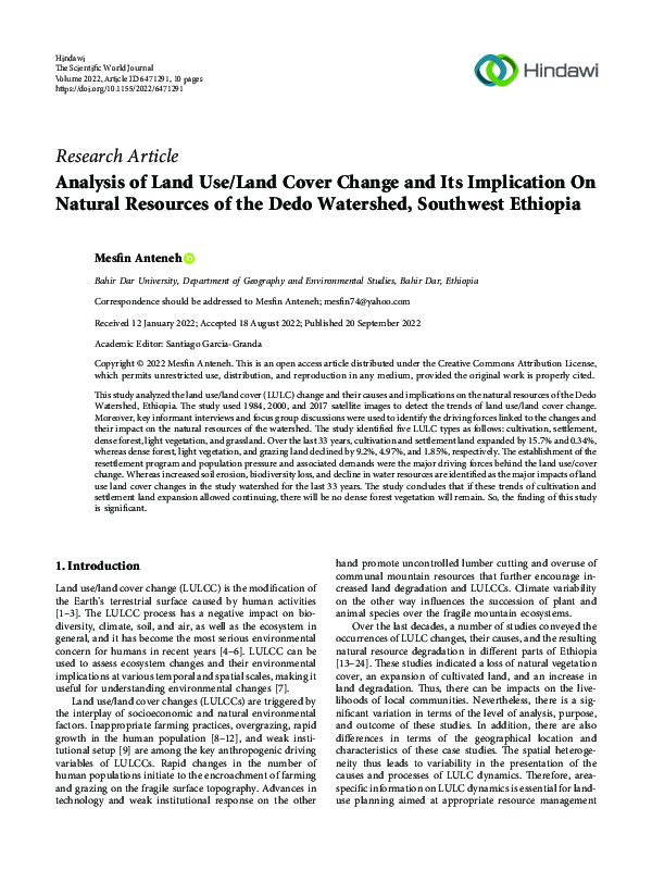 (PDF) Analysis of Land Use/Land Cover Change and Its Implication On Natural Resources of the ...