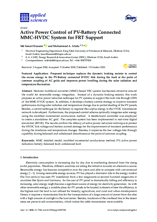 (PDF) Active Power Control of PV-Battery Connected MMC-HVDC System for FRT Support