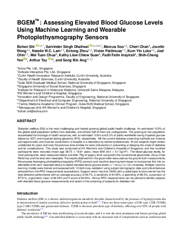 (PDF) BGEM™: Assessing Elevated Blood Glucose Levels Using Machine ...