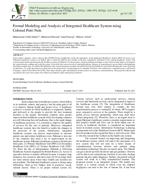 (PDF) Formal Modeling and Analysis of Integrated Healthcare System using Colored Petri Nets