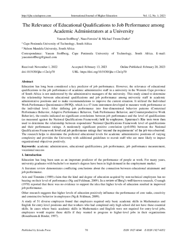 (PDF) The Relevance of Educational Qualifications to Job Performance ...