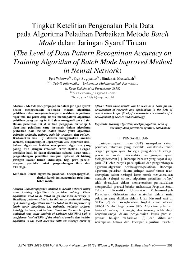 (PDF) Tingkat Ketelitian Pengenalan Pola Data pada Algoritma Pelatihan ...