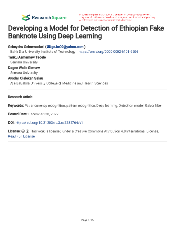 (PDF) Developing a Model for Detection of Ethiopian Fake Banknote Using ...
