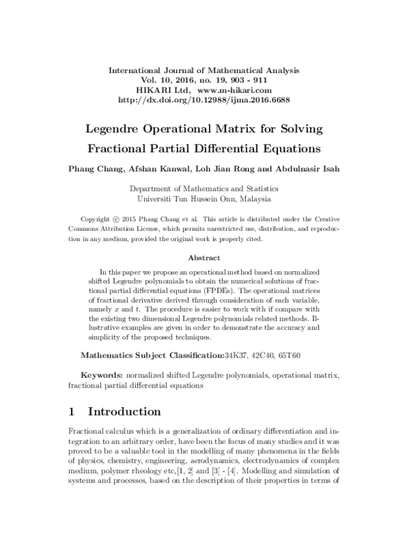 Pdf Legendre Operational Matrix For Solving Fractional Partial