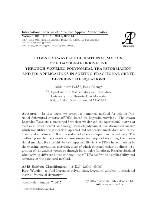 (PDF) P a Legendre Wavelet Operational Matrix of Fractional Derivative Through Wavelet ...