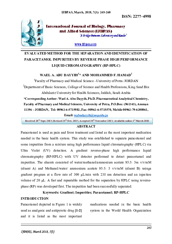 (PDF) Evaluated Method for the Separation and Identification of Paracetamol Impurities by ...