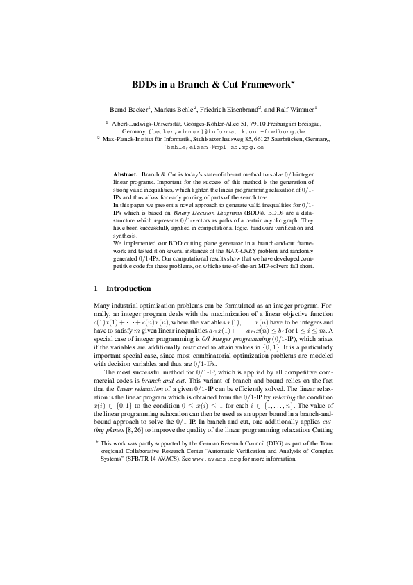 (PDF) BDDs in a Branch and Cut Framework