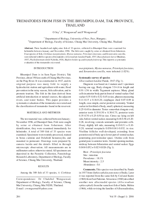 (PDF) Trematodes from fish in the Bhumipol Dam, Tak province, Thailand