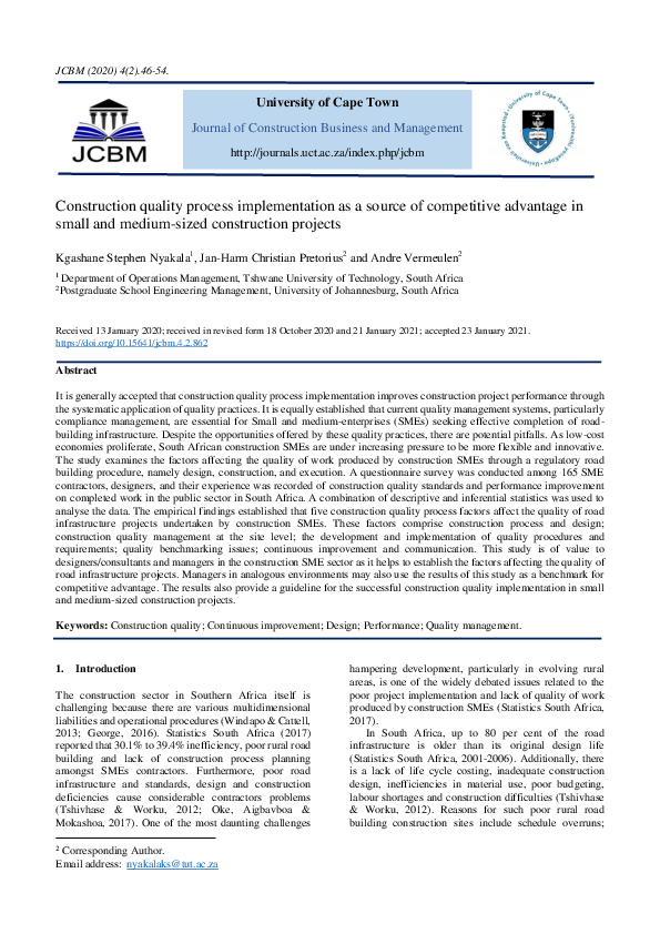 (PDF) Construction quality process implementation as a source of competitive advantage in small ...