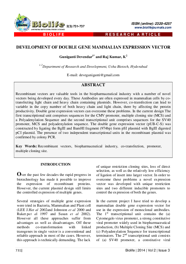 Pdf Development Of Double Gene Mammalian Expression Vector