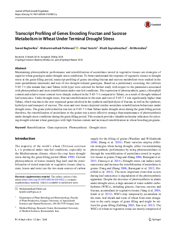 (PDF) Transcript Profiling of Genes Encoding Fructan and Sucrose ...