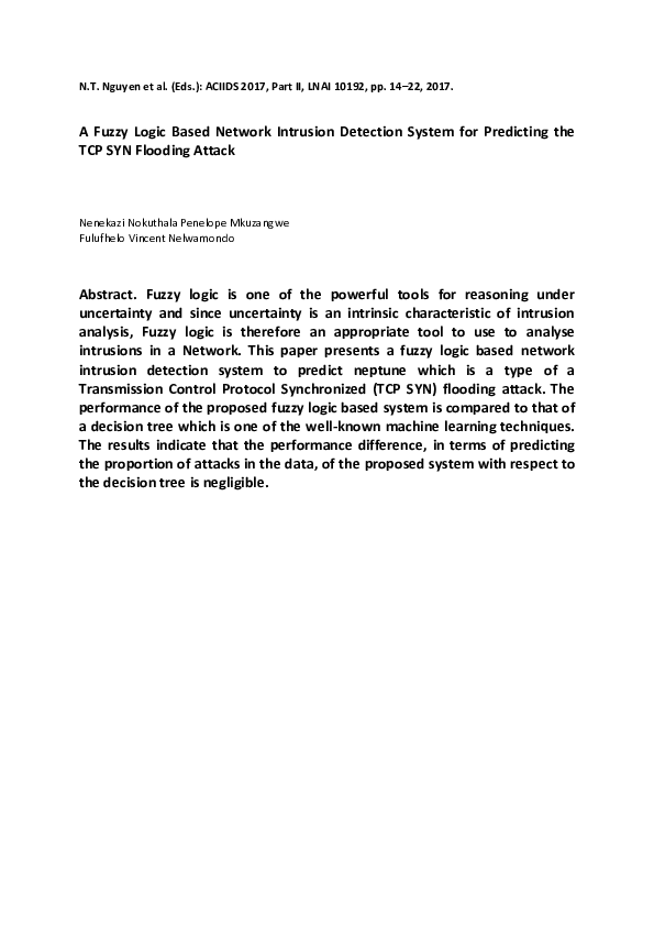 Pdf A Fuzzy Logic Based Network Intrusion Detection System For Predicting The Tcp Syn Flooding