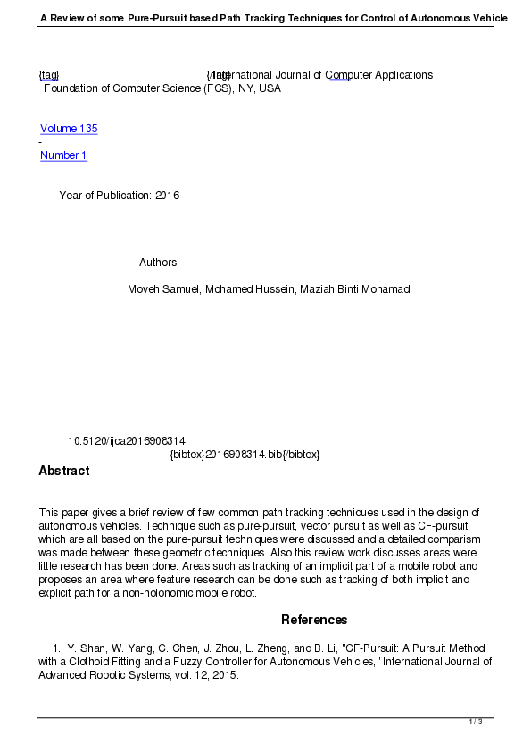 (PDF) A Review of some Pure-Pursuit based Path Tracking Techniques for Control of Autonomous Vehicle