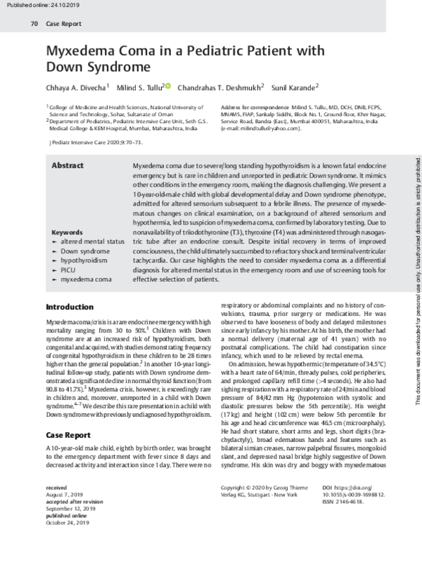 (PDF) Myxedema Coma in a Pediatric Patient with Down Syndrome