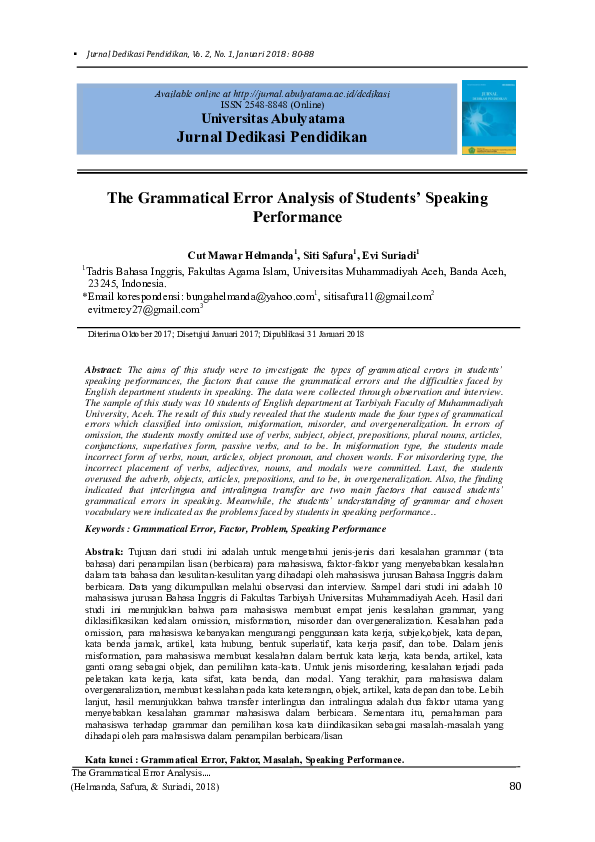 (PDF) The Grammatical Error Analysis of Students’ Speaking Performance