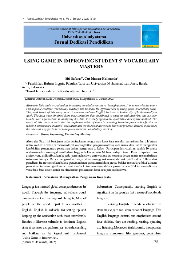 (PDF) Using Game in Improving Students’ Vocabulary Mastery