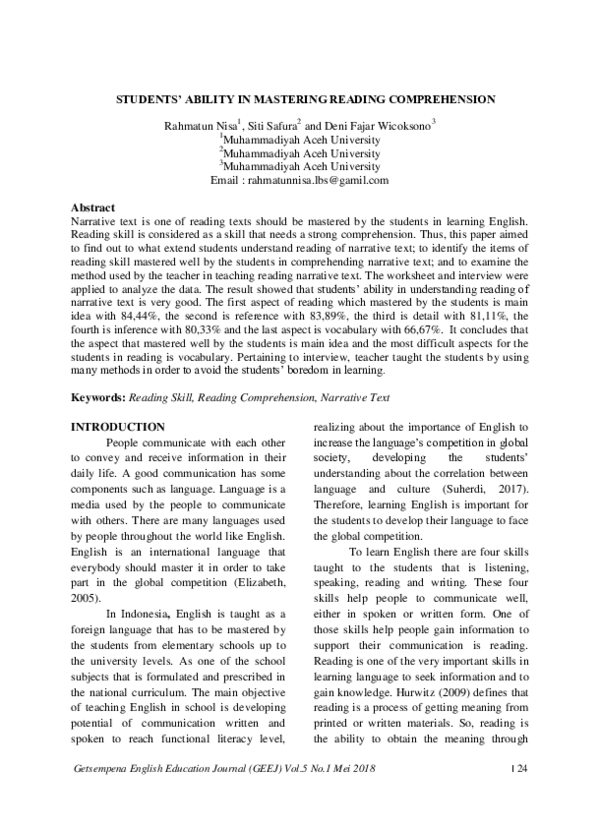 (PDF) Students’ Ability in Mastering Reading Comprehension (PDF) Students’ Ability in Mastering Reading Comprehension