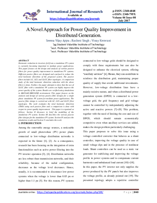 (PDF) A Novel Approach for Power Quality Improvement in Distributed ...