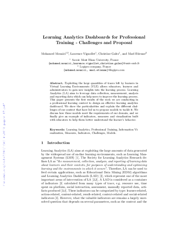 (PDF) Learning Analytics Dashboards for Professional Training - Challenges and Proposal