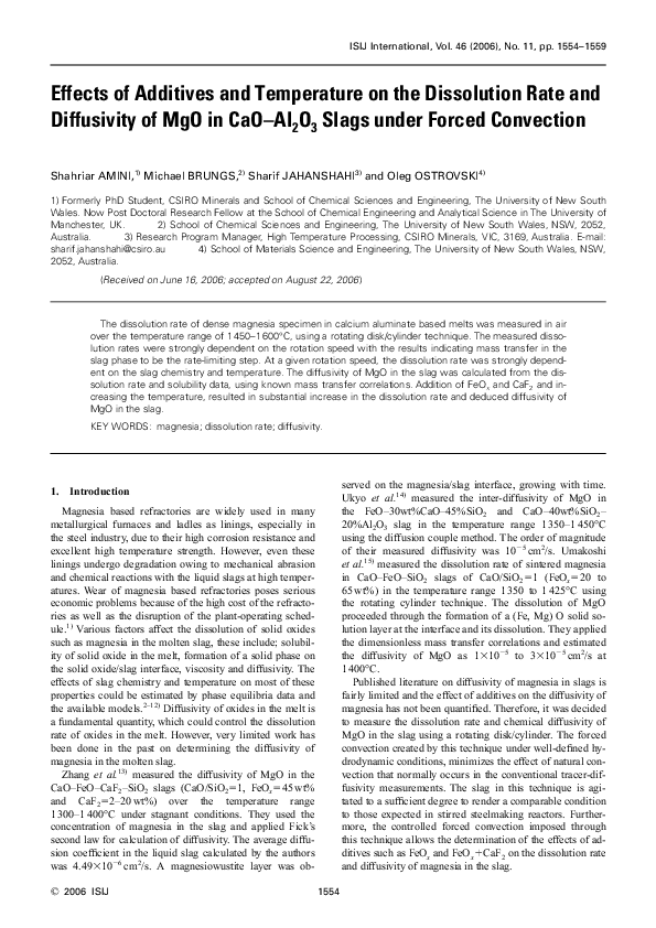 (PDF) Effects of Additives and Temperature on the Dissolution Rate and Diffusivity of MgO in CaO ...