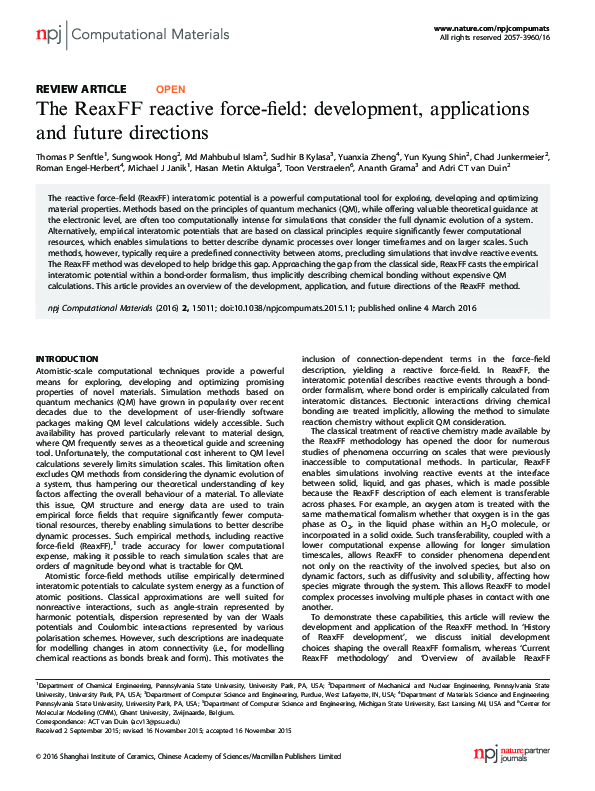 (PDF) The ReaxFF reactive force-field: development, applications and ...