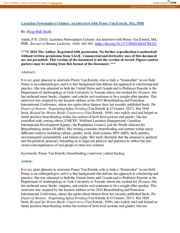 (PDF) Lactation Newsmakers Column: An interview with Penny Van Esterik, MA, PHD