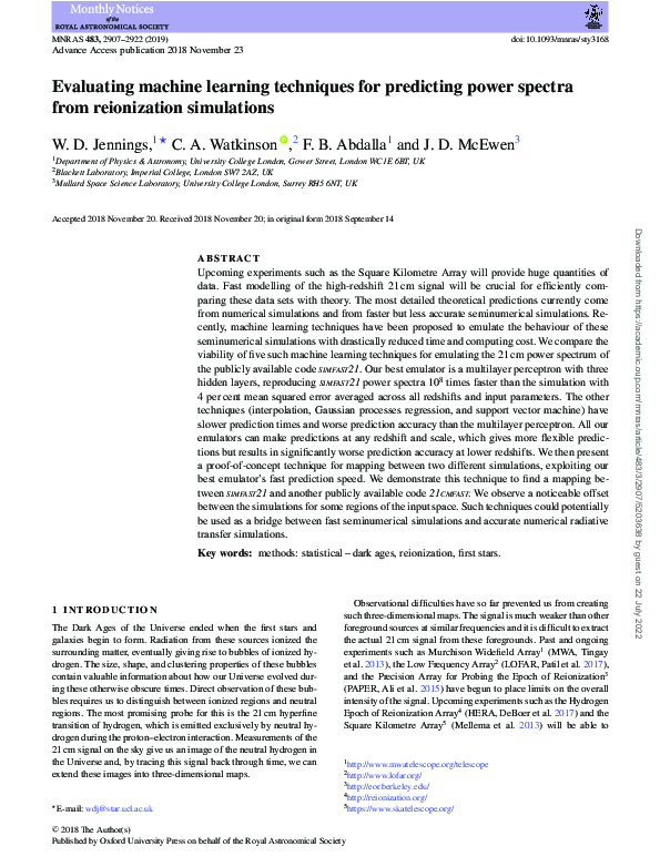 (PDF) Evaluating machine learning techniques for predicting power spectra from reionization ...