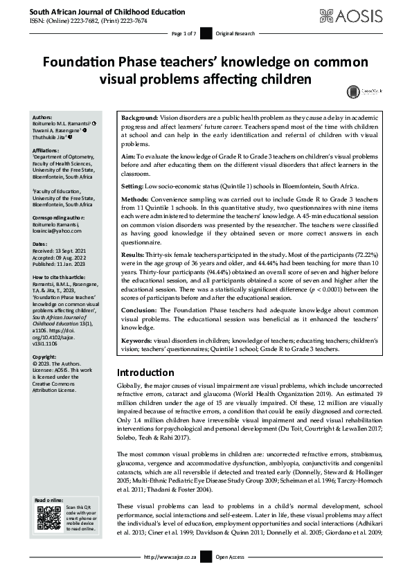 (PDF) Foundation Phase teachers’ knowledge on common visual problems ...