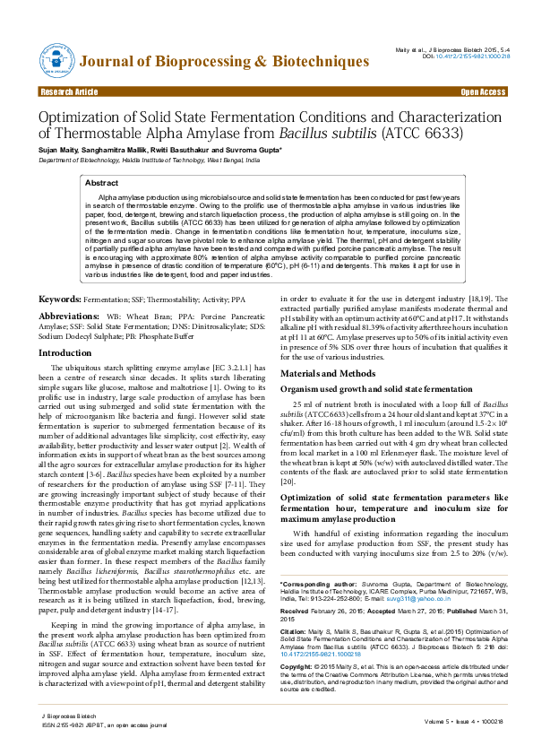 (PDF) Optimization of Solid State Fermentation Conditions and Characterization of Thermostable ...