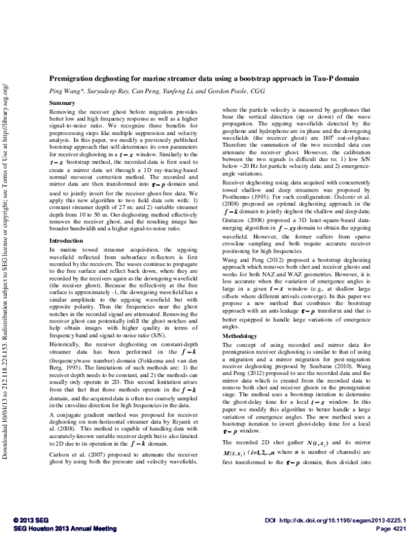 (PDF) Premigration deghosting for marine streamer data using a bootstrap approach in tau-p domain