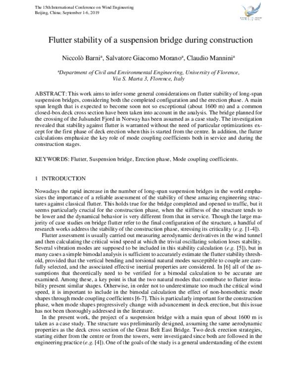 (PDF) Flutter stability of a suspension bridge during construction