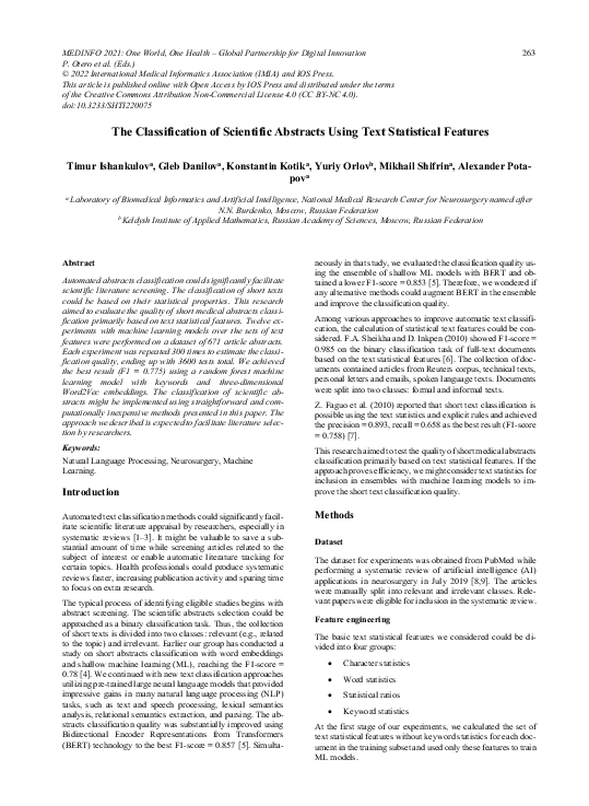 (PDF) The Classification of Scientific Abstracts Using Text Statistical Features
